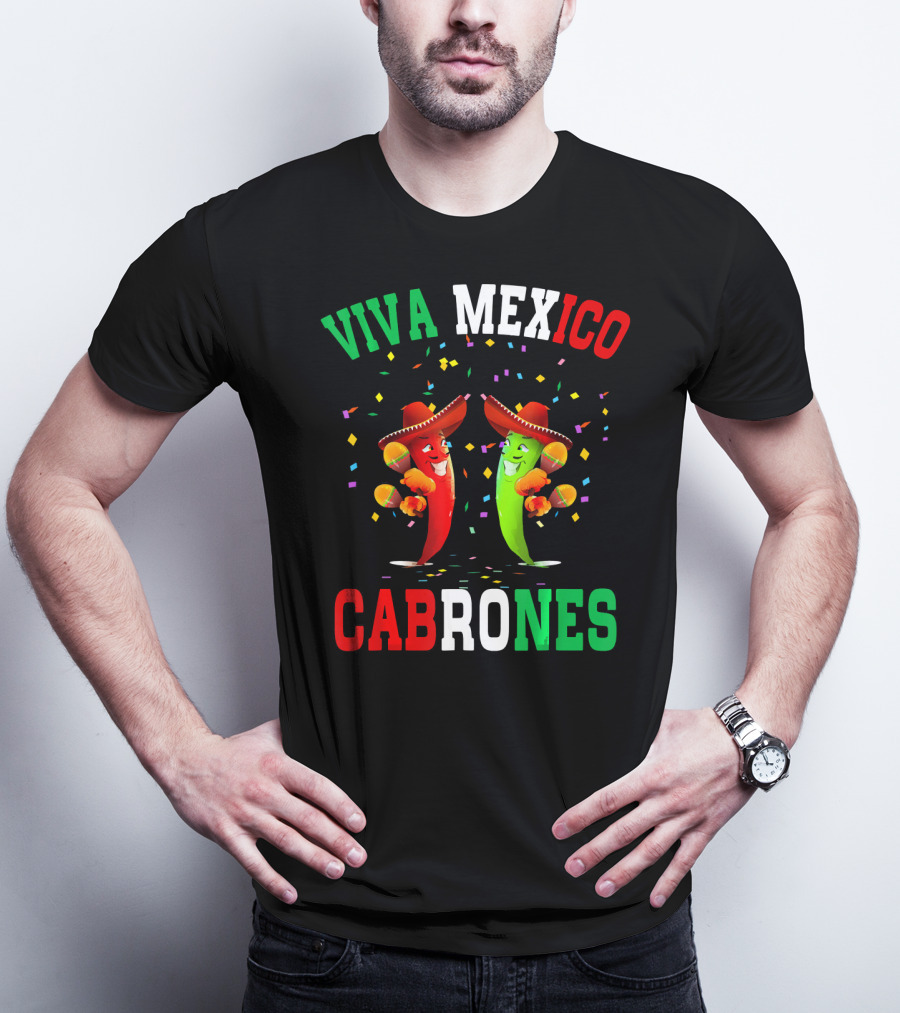 Viva Mexico Cabrones Red Green Chili Peppers Sombreros Confetti T-Shirt