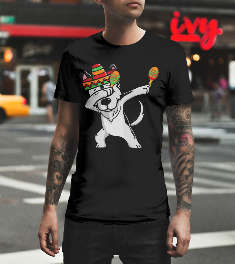 Dabbing Husky With Sombrero And Maracas Funny Cinco De Mayo T-Shirt