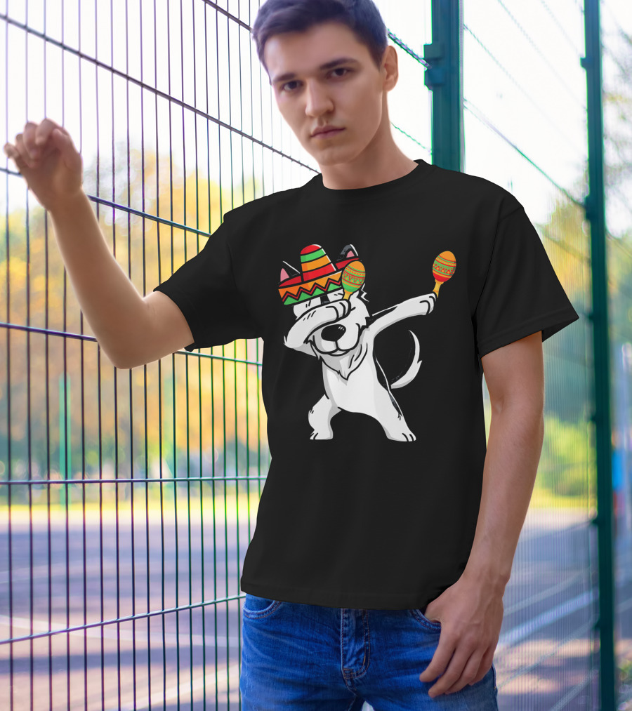 Dabbing Husky With Sombrero And Maracas Funny Cinco De Mayo T-Shirt