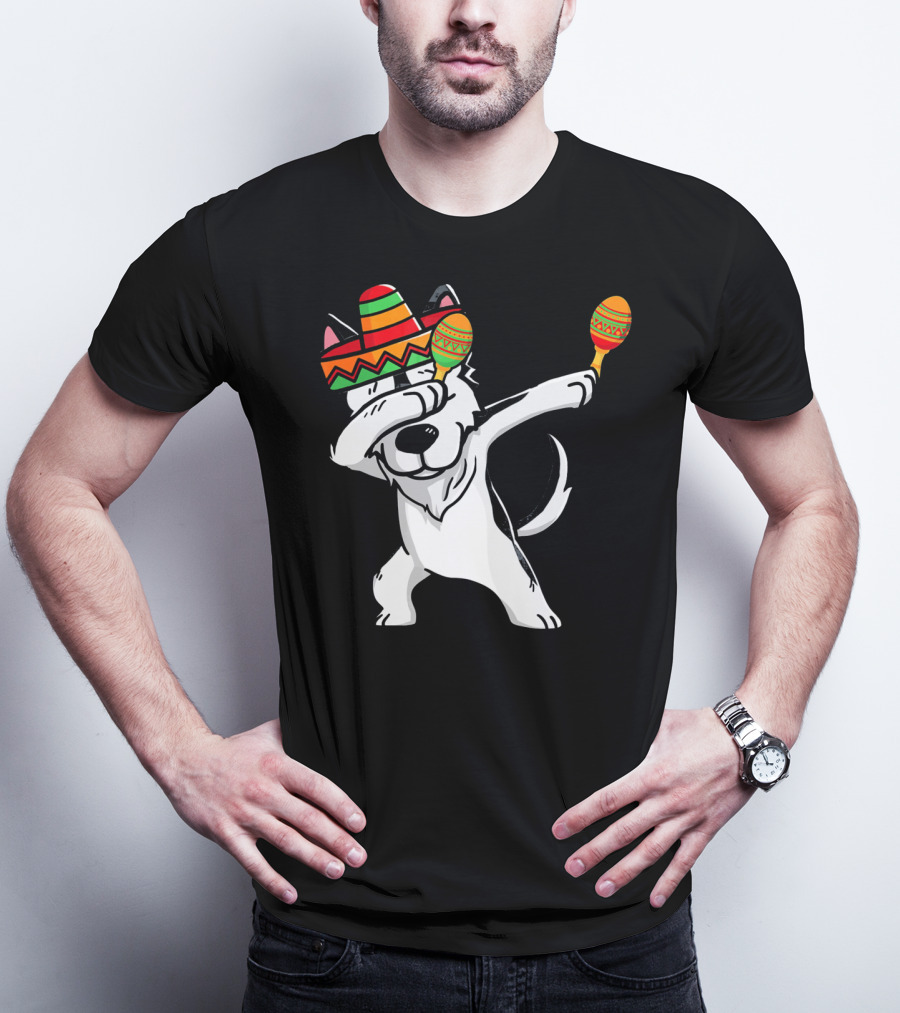 Dabbing Husky With Sombrero And Maracas Funny Cinco De Mayo T-Shirt