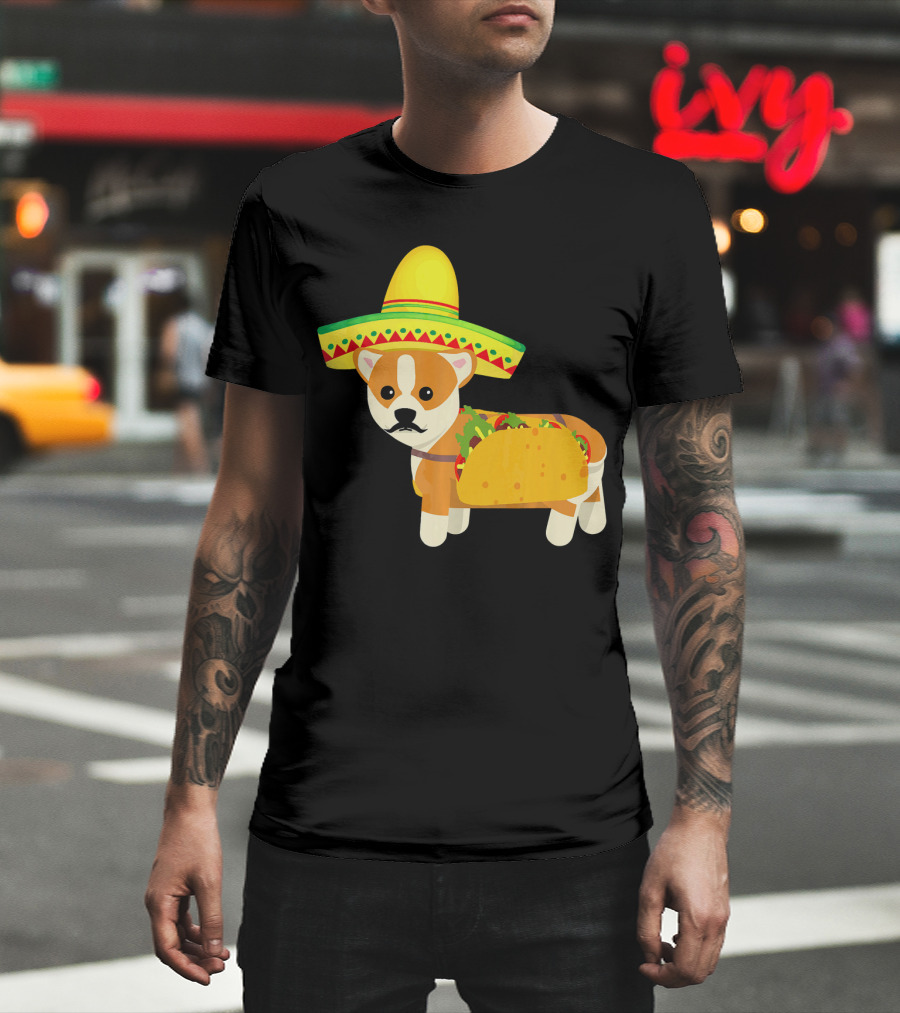 Funny Mexican Corgi In Sombrero Taco Cinco De Mayo T-Shirt