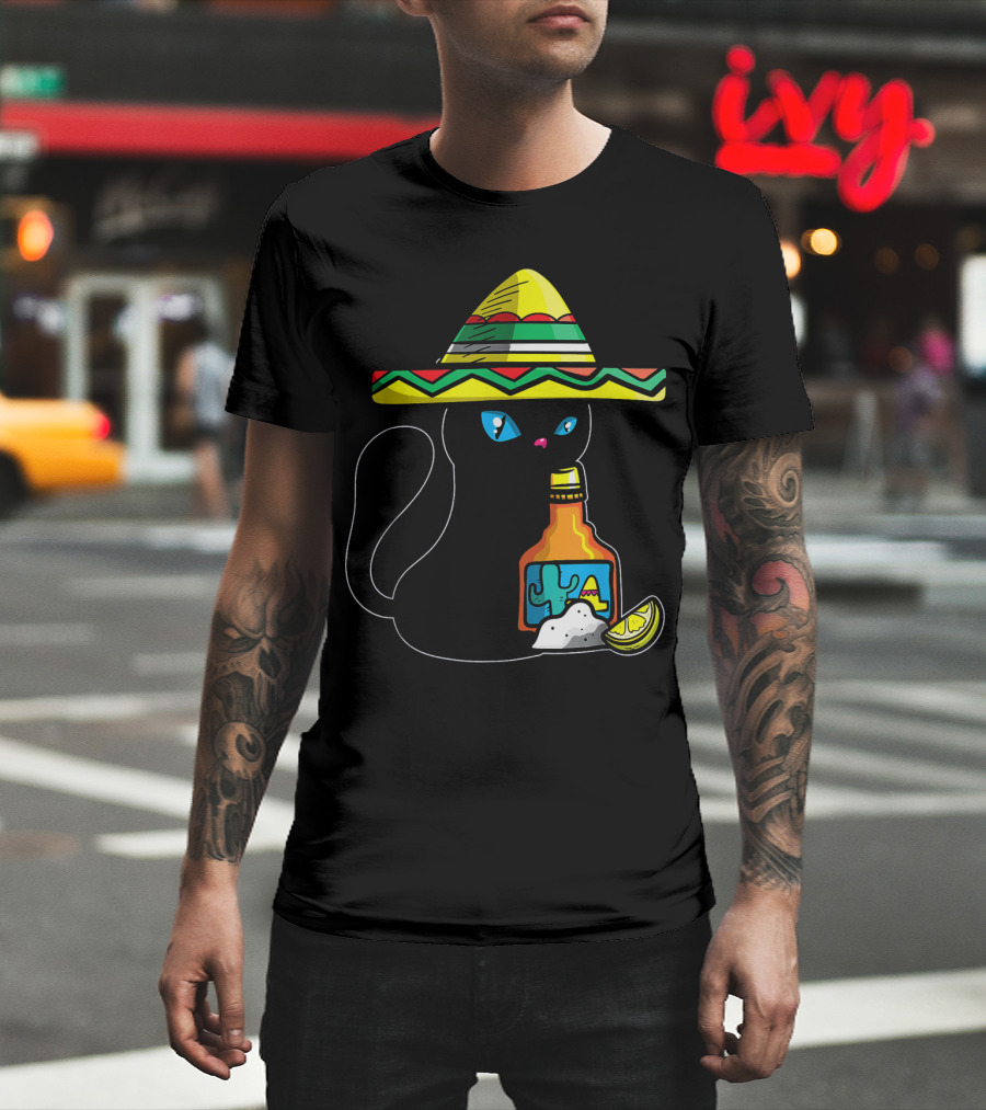 Cinco De Mayo Women With Cat In Sombrero Holding Tequila And Lime T-Shirt
