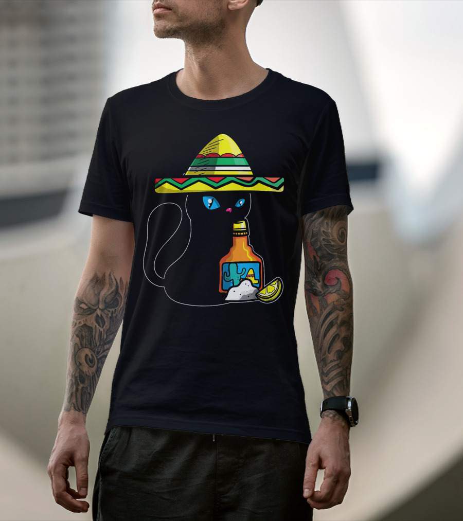 Cinco De Mayo Women With Cat In Sombrero Holding Tequila And Lime T-Shirt