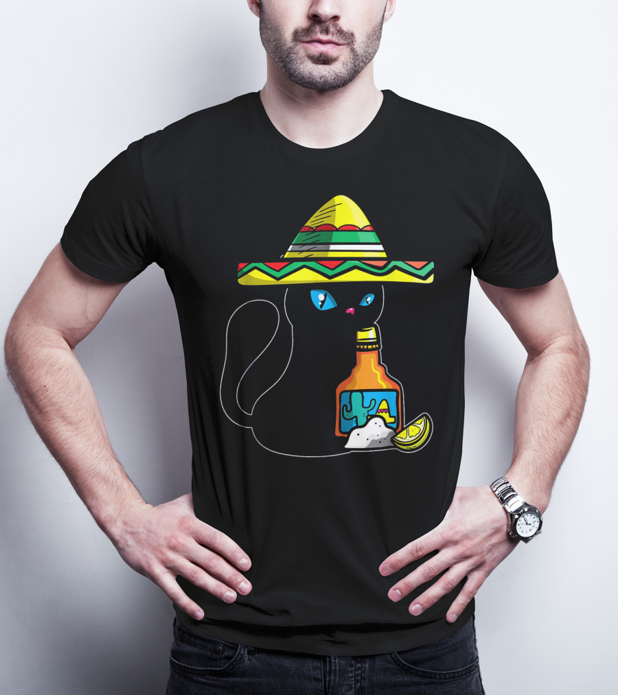 Cinco De Mayo Women With Cat In Sombrero Holding Tequila And Lime T-Shirt