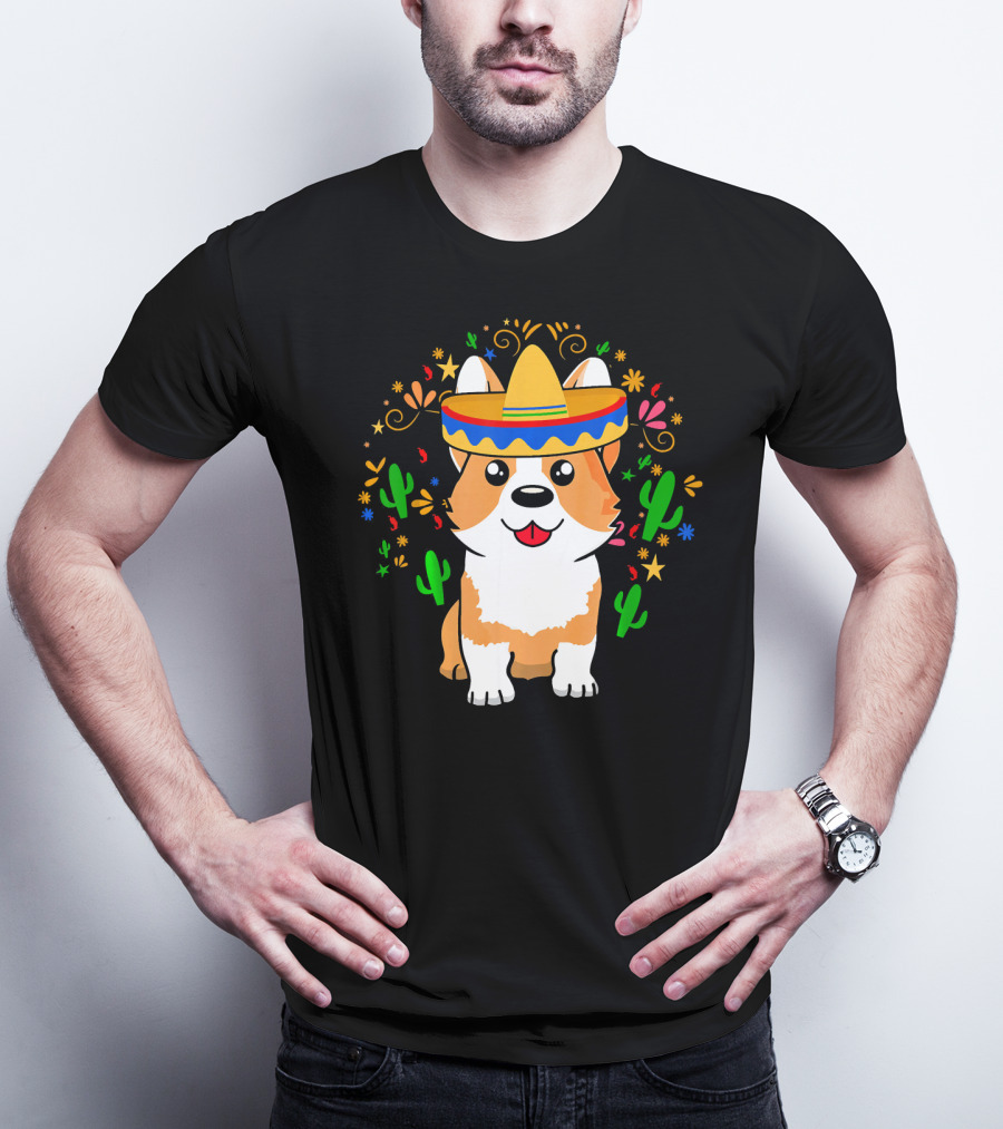 Cinco De Mayo Corgi Dog With Sombrero And Cacti T-Shirt