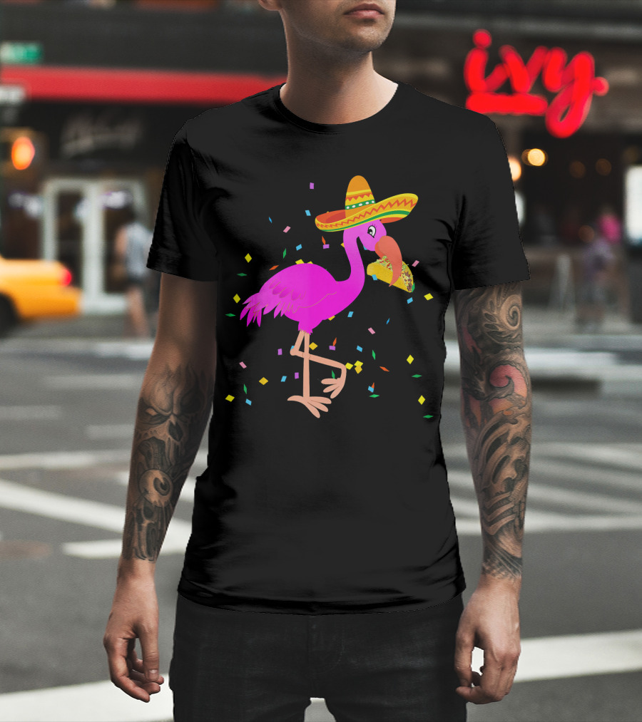 Pink Flamingo Sombrero Taco Mexican Cinco Fiesta T-Shirt
