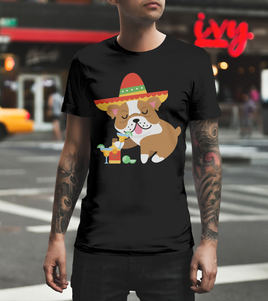 Bulldog Margarita Funny Mexican Sombrero Dog Cinc Party T-Shirt