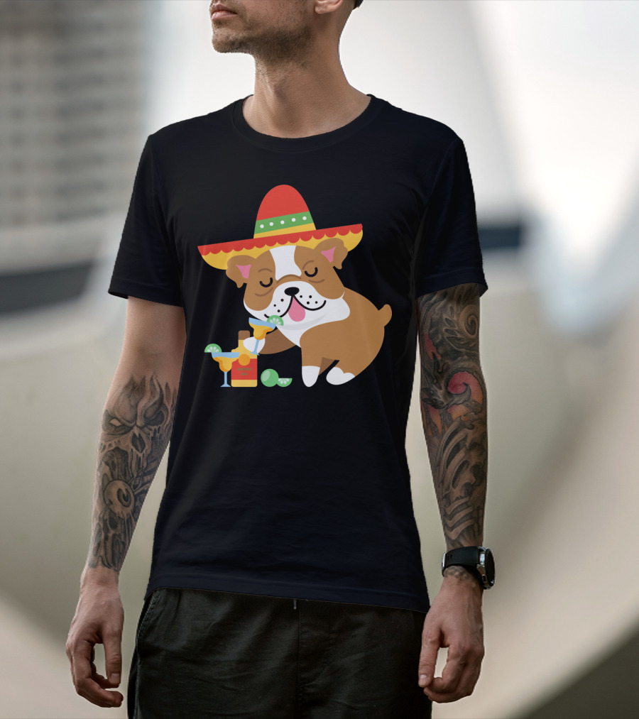 Bulldog Margarita Funny Mexican Sombrero Dog Cinc Party T-Shirt