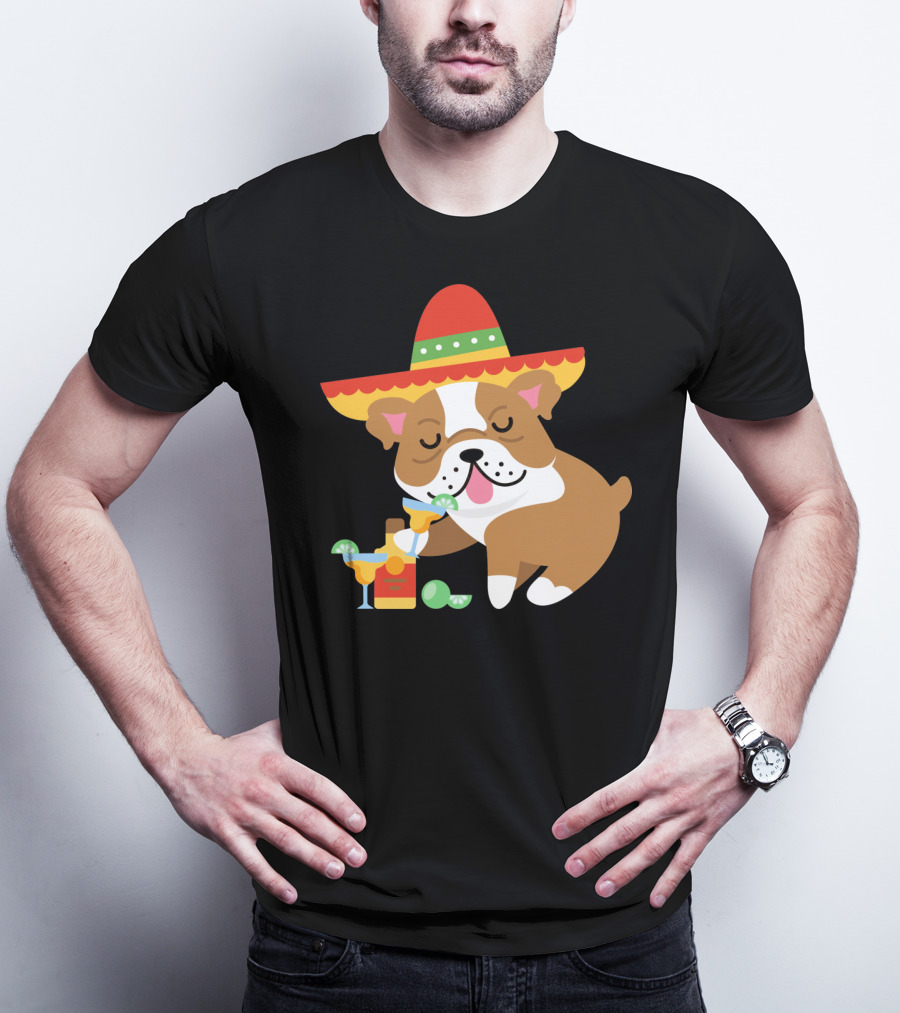 Bulldog Margarita Funny Mexican Sombrero Dog Cinc Party T-Shirt
