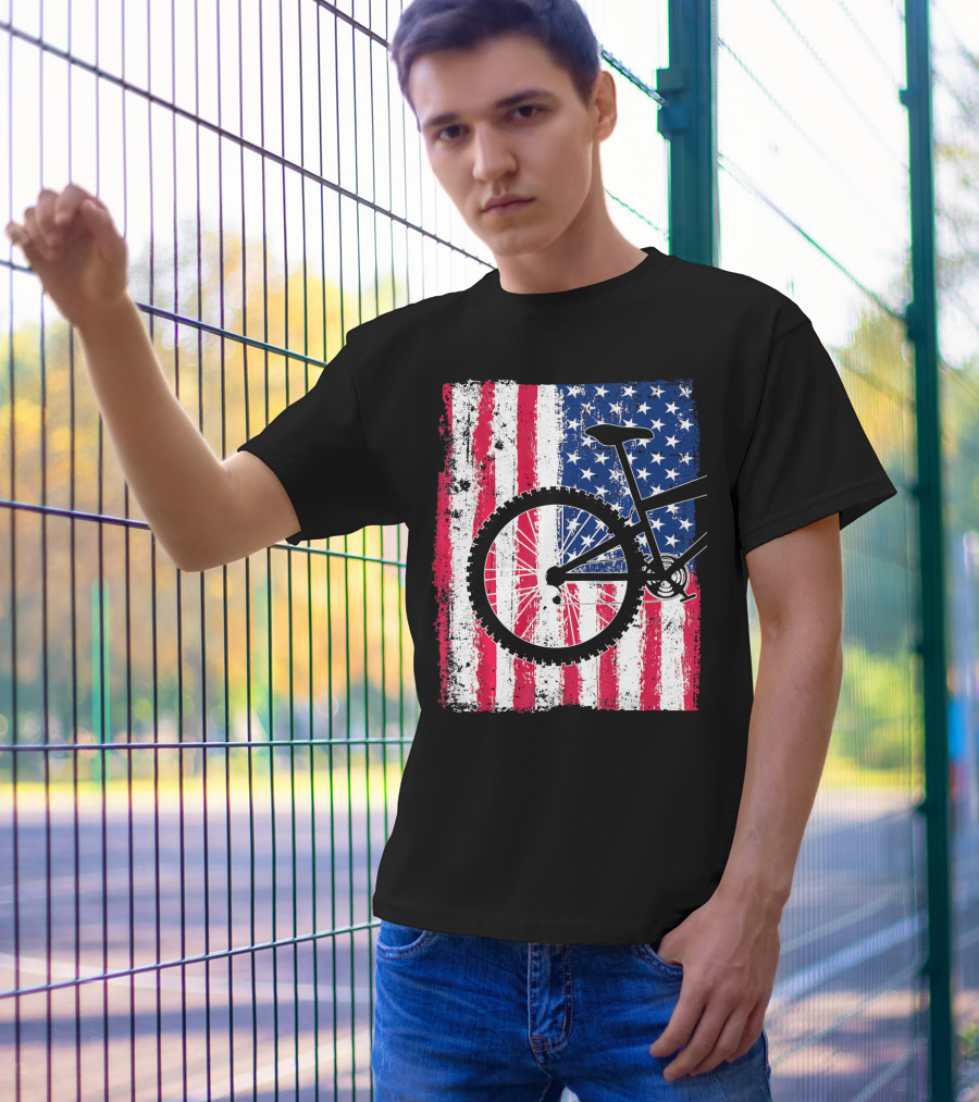 Mountain Bike Cycling American Flag Bicycle USA T-Shirt