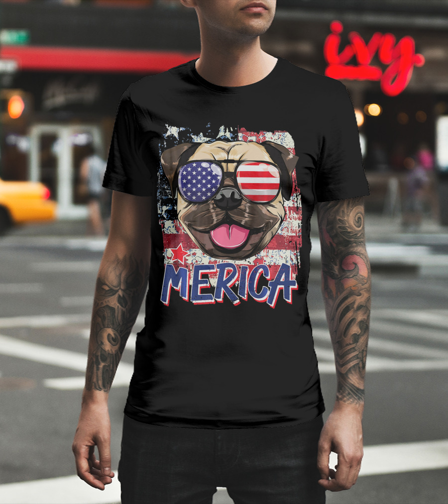 American Flag Pug Dog Merica Sunglasses USA T-Shirt