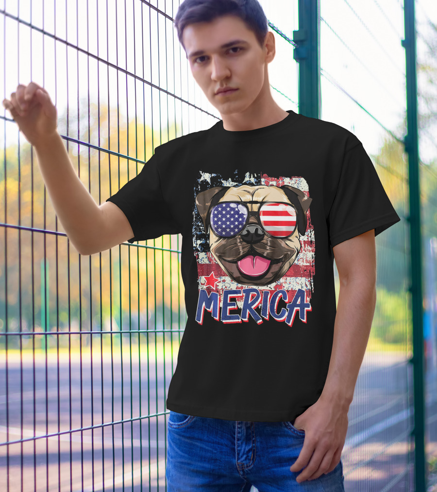 American Flag Pug Dog Merica Sunglasses USA T-Shirt