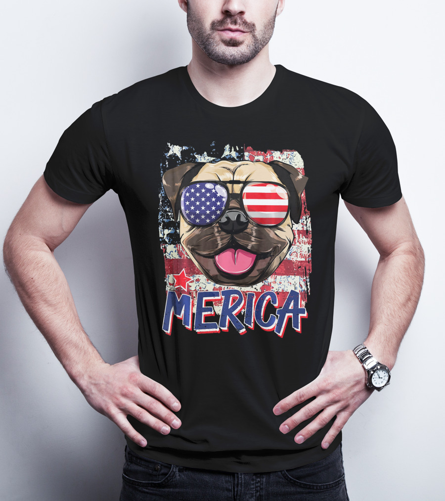 American Flag Pug Dog Merica Sunglasses USA T-Shirt