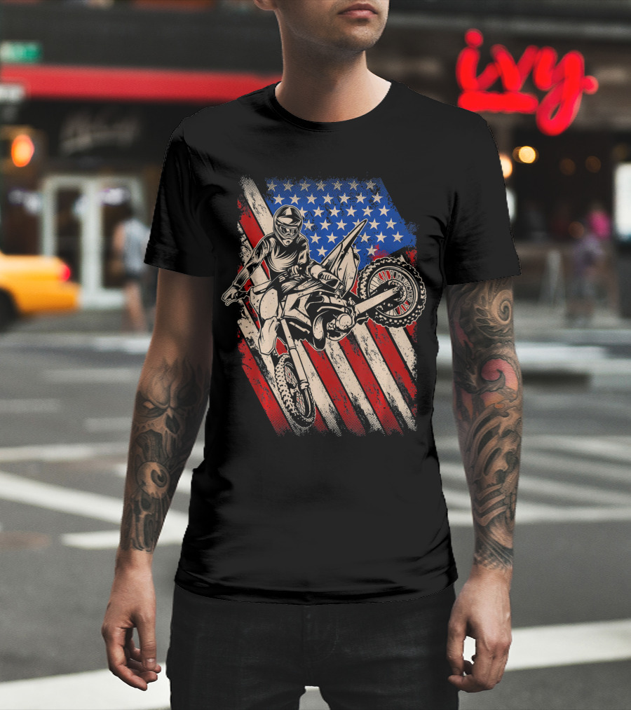 Vintage Dirt Bike Motocross With American Flag Background T-Shirt