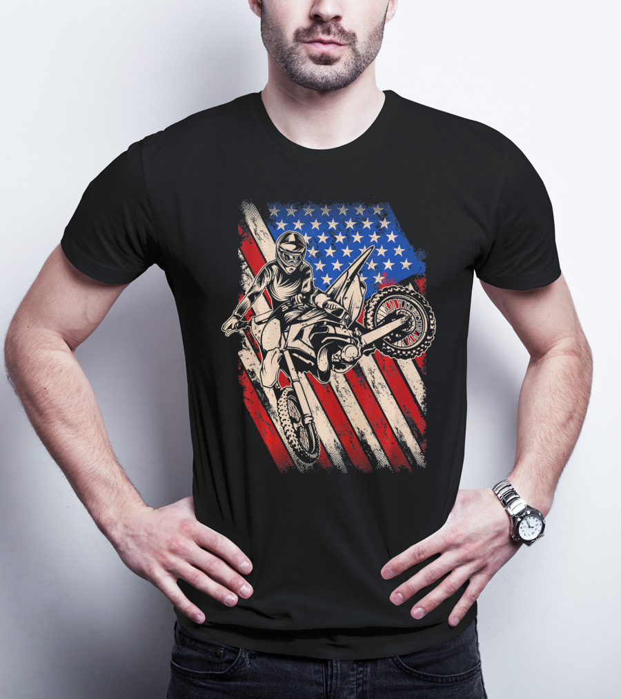 Vintage Dirt Bike Motocross With American Flag Background T-Shirt