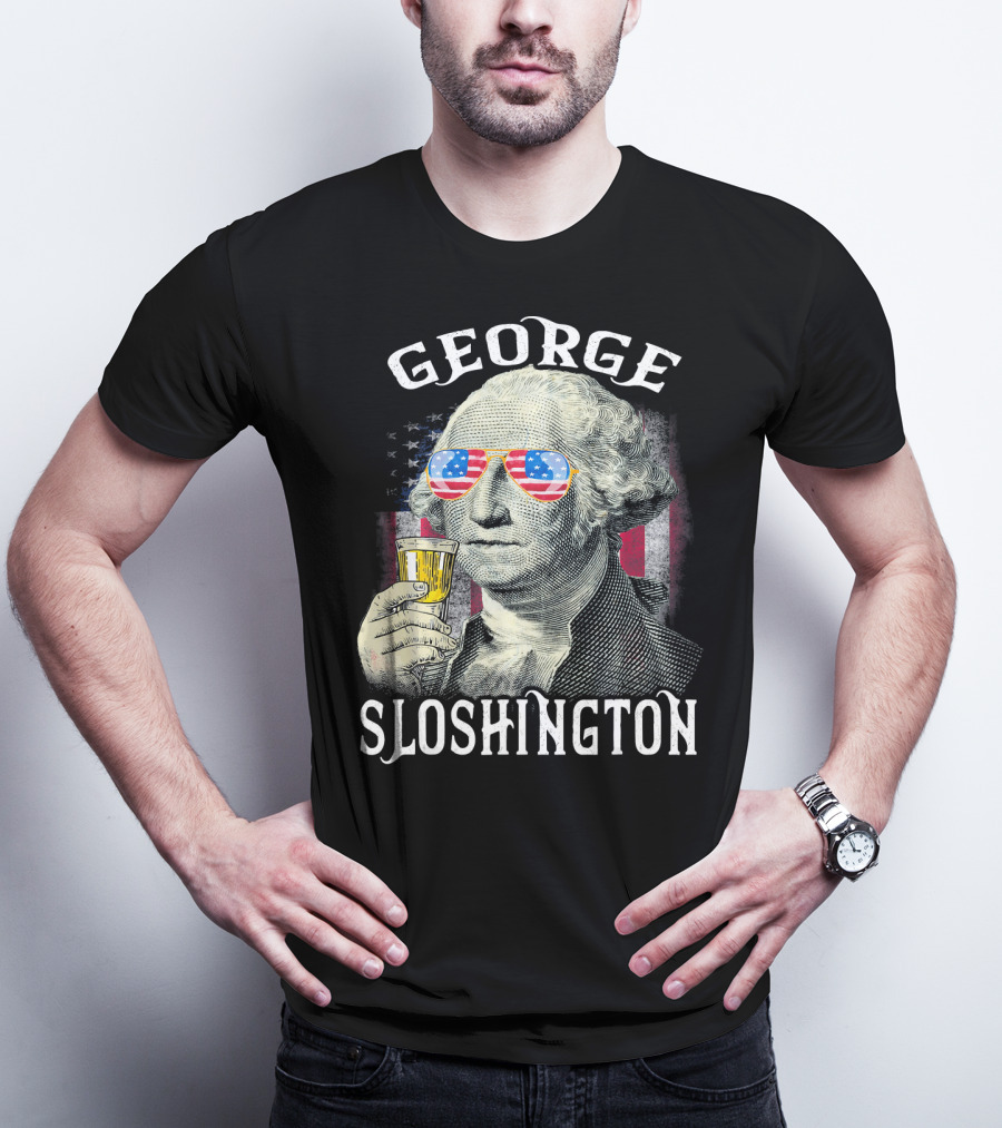 George Sloshington American Flag Sunglasses Beer T-Shirt