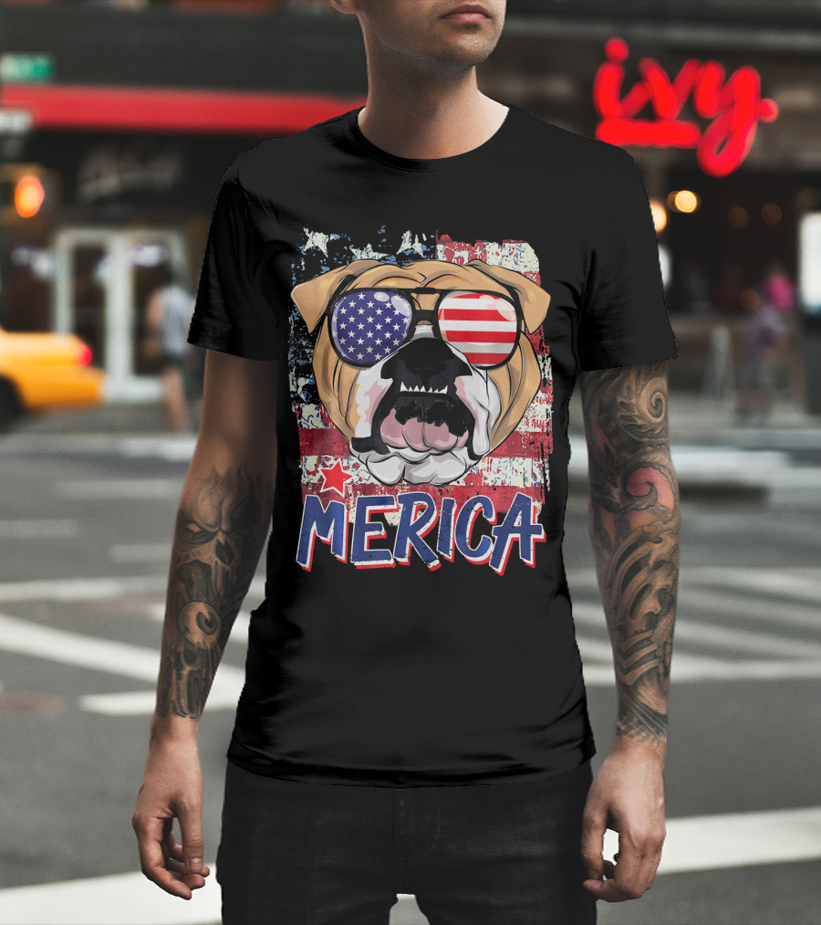 Merica Bulldog With American Flag Sunglasses T-Shirt