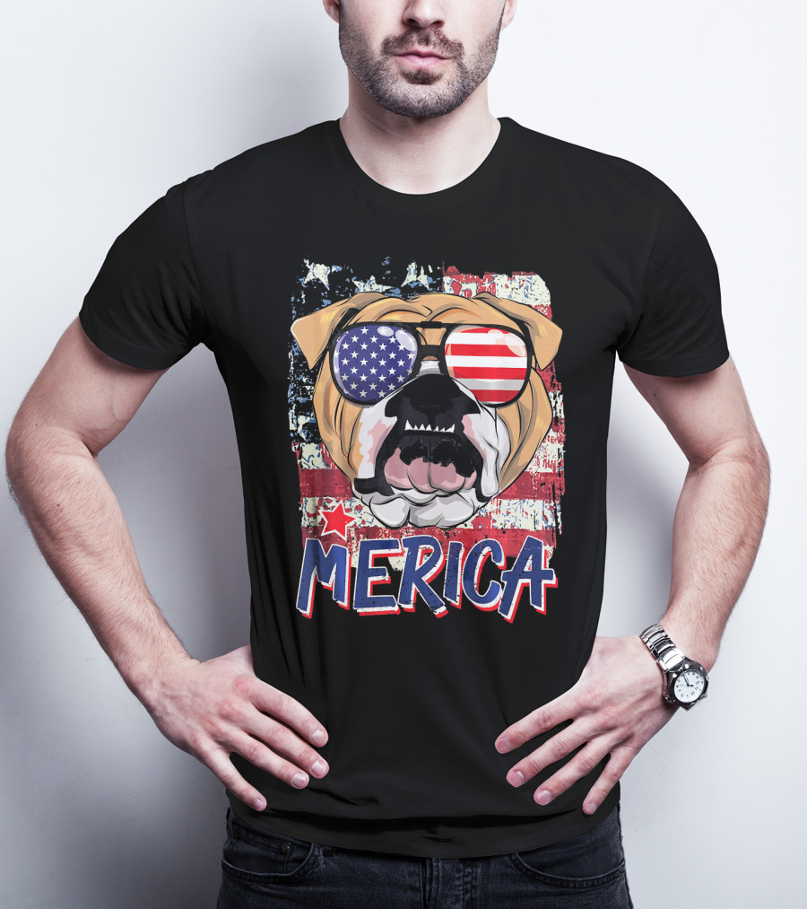 Merica Bulldog With American Flag Sunglasses T-Shirt