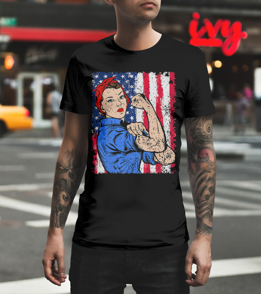 Rosie The Riveter Feminist Patriotic USA American Flag Iconic Empowerment T-Shirt