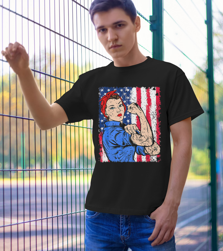 Rosie The Riveter Feminist Patriotic USA American Flag Iconic Empowerment T-Shirt