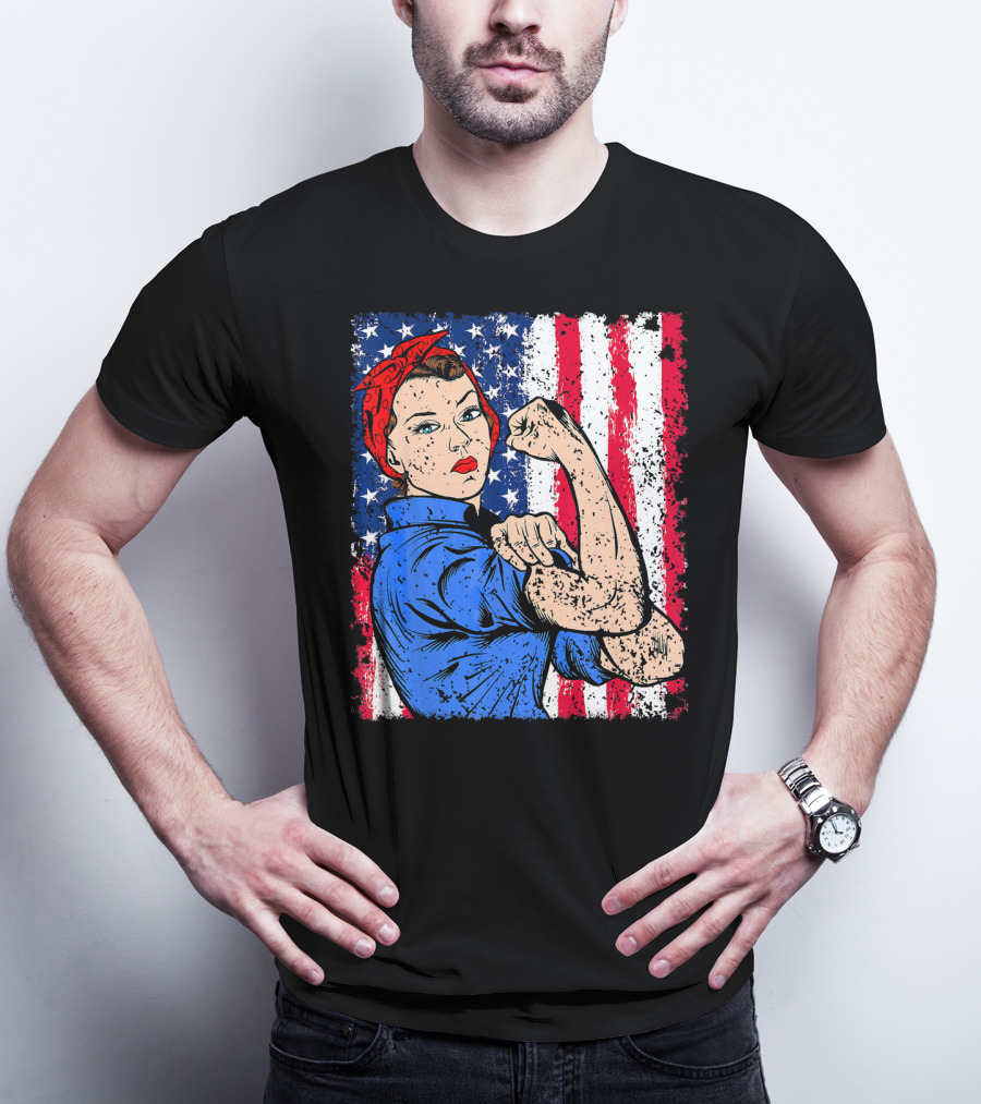 Rosie The Riveter Feminist Patriotic USA American Flag Iconic Empowerment T-Shirt