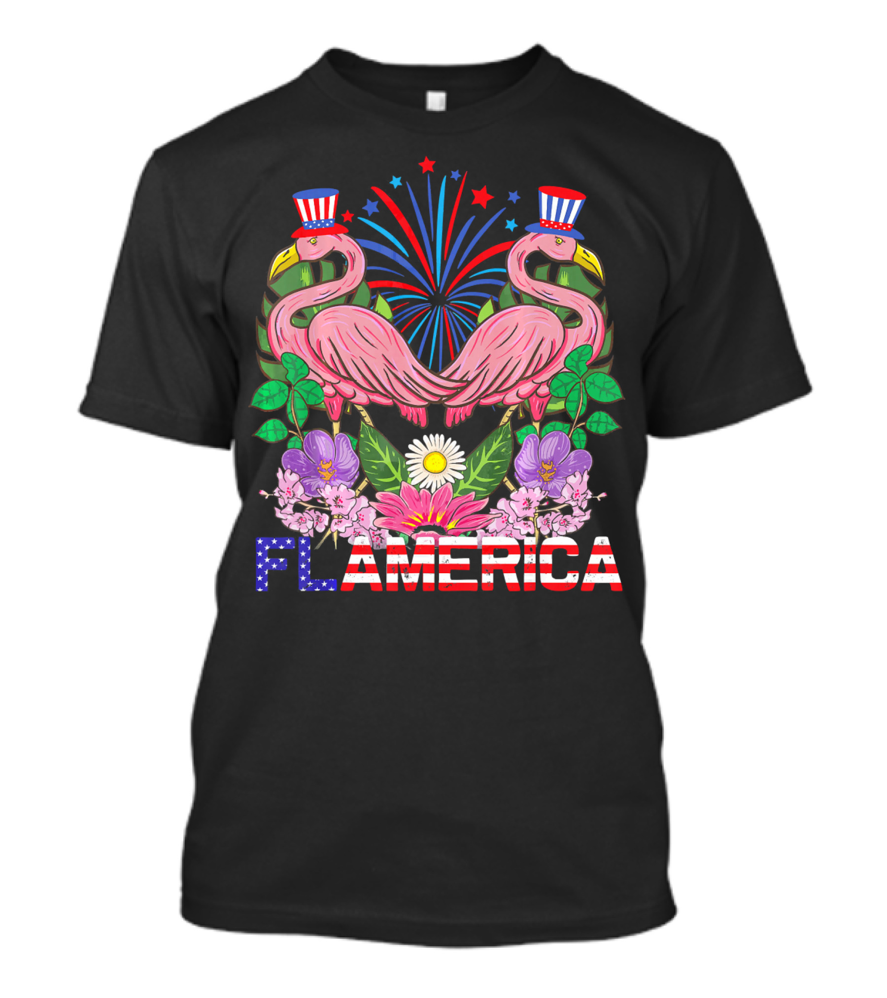 Flamerica Flamingo Fireworks Uncle Sam Hat Botanical T-Shirt