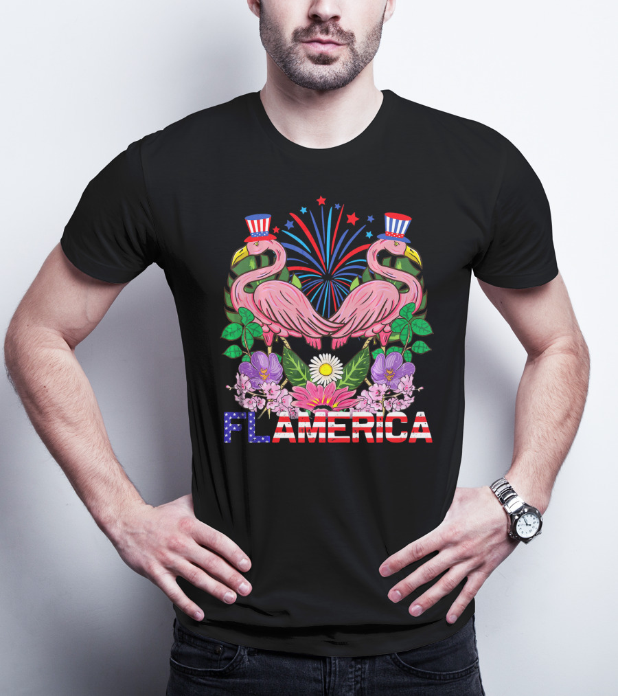 Flamerica Flamingo Fireworks Uncle Sam Hat Botanical T-Shirt