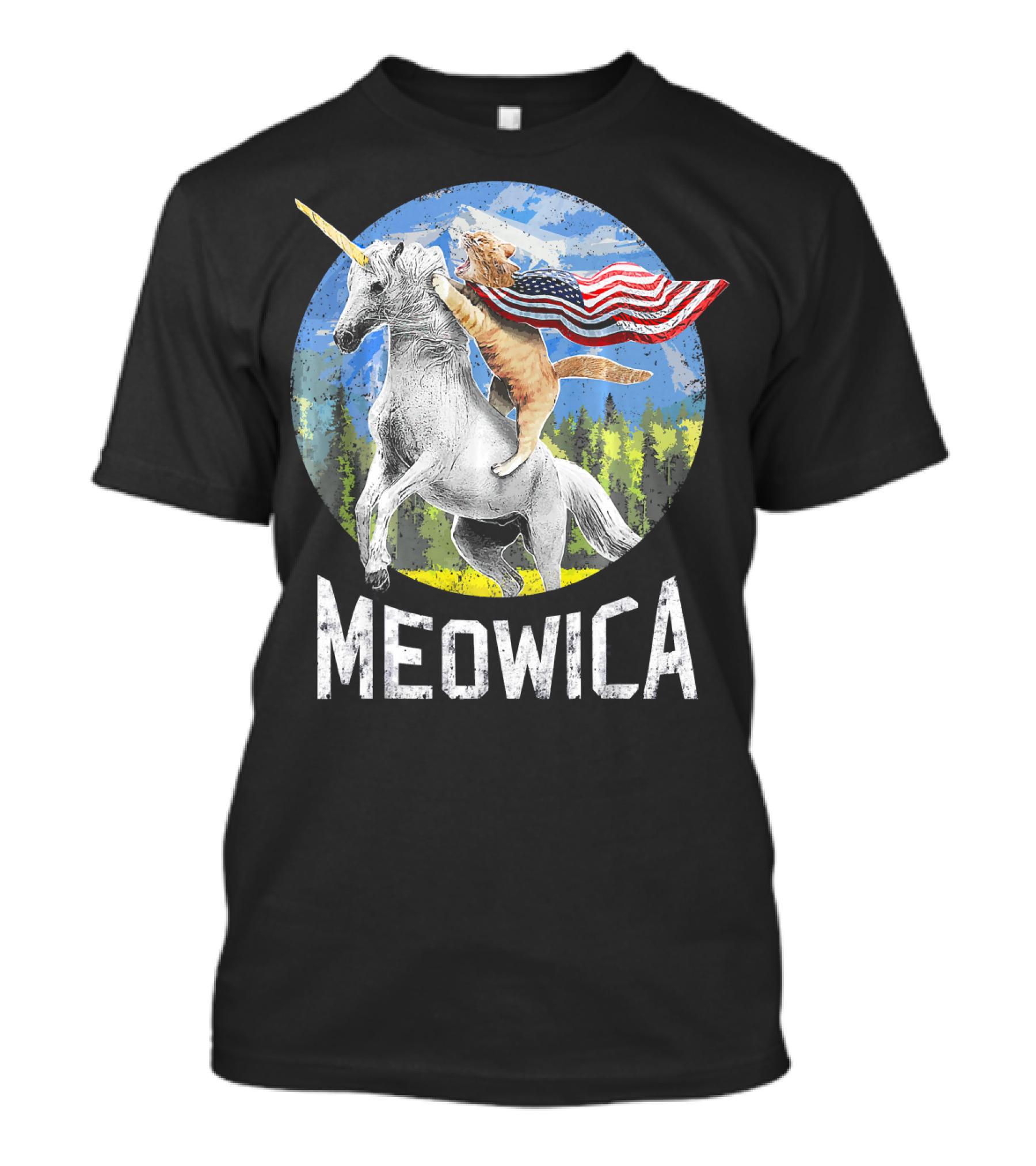 Meowica Cat Riding Unicorn With American Flag T-Shirt