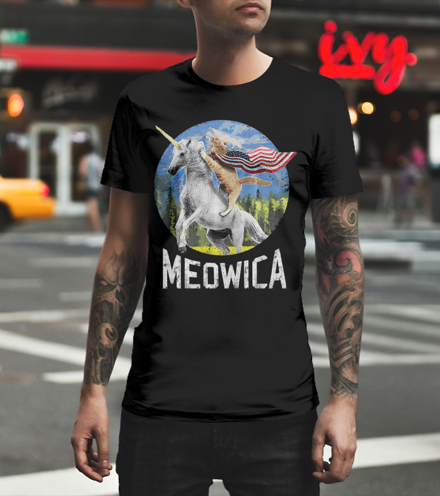 Meowica Cat Riding Unicorn With American Flag T-Shirt