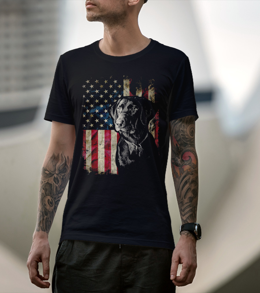 Patriotic Labrador Retriever With American Flag Background T-Shirt