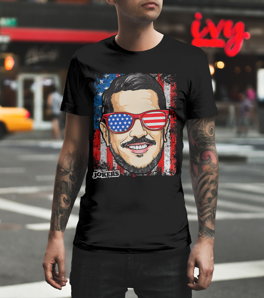 Impractical Jokers Patriotic Sal American Flag Sunglasses And Smiling Face T-Shirt