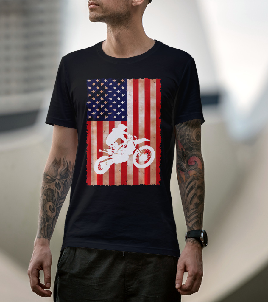 Dirt Bike Motocross American Flag Patriotic Ride USA T-Shirt