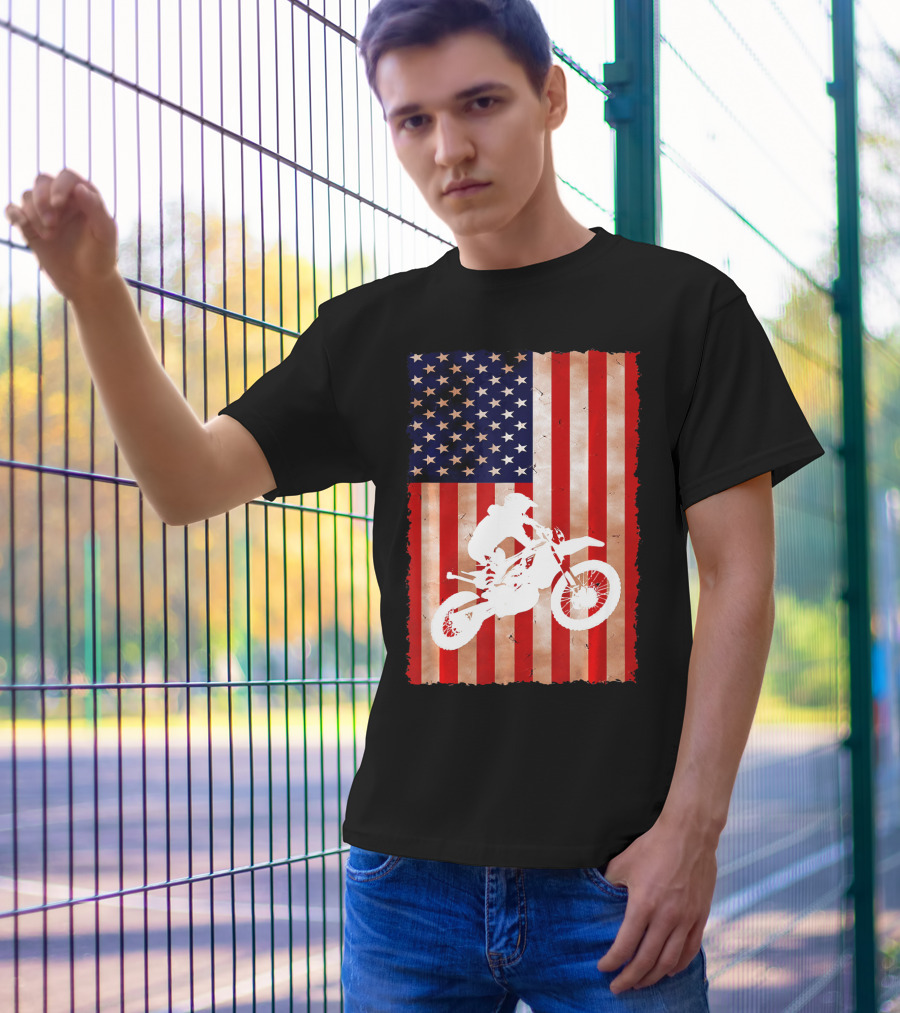 Dirt Bike Motocross American Flag Patriotic Ride USA T-Shirt