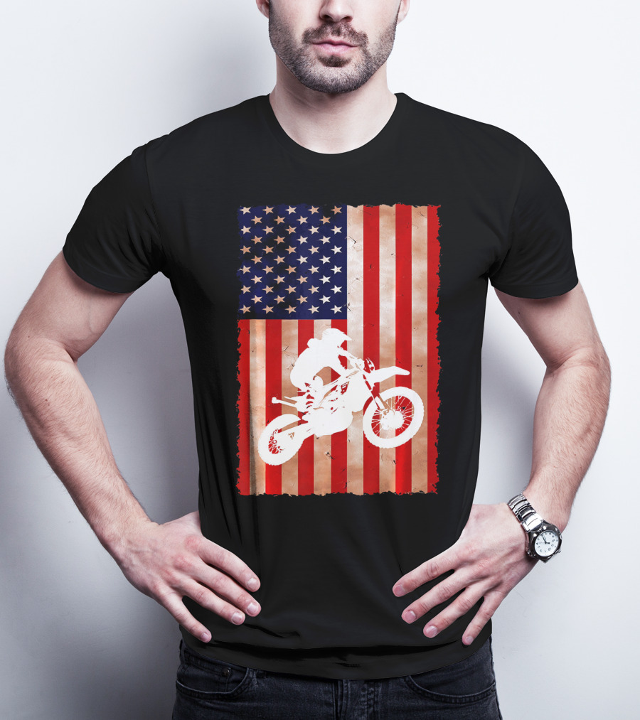 Dirt Bike Motocross American Flag Patriotic Ride USA T-Shirt