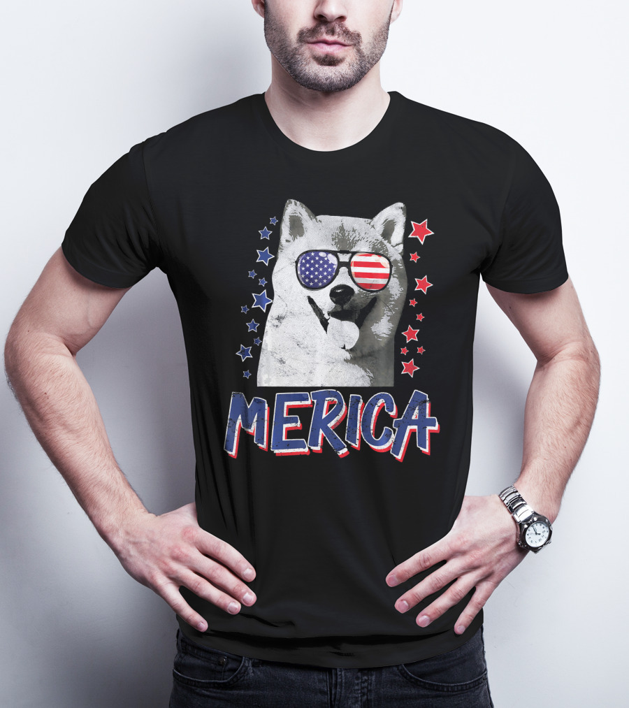 Merica Shiba Inu Dog Patriotic USA Stars And Stripes Sunglasses T-Shirt