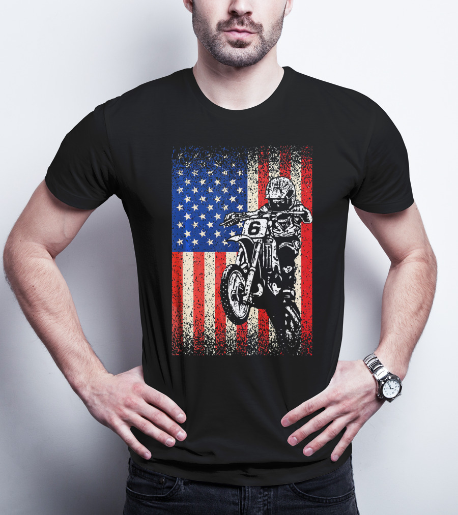 Dirt Bike American Flag Motocross Biker Number 6 T-Shirt