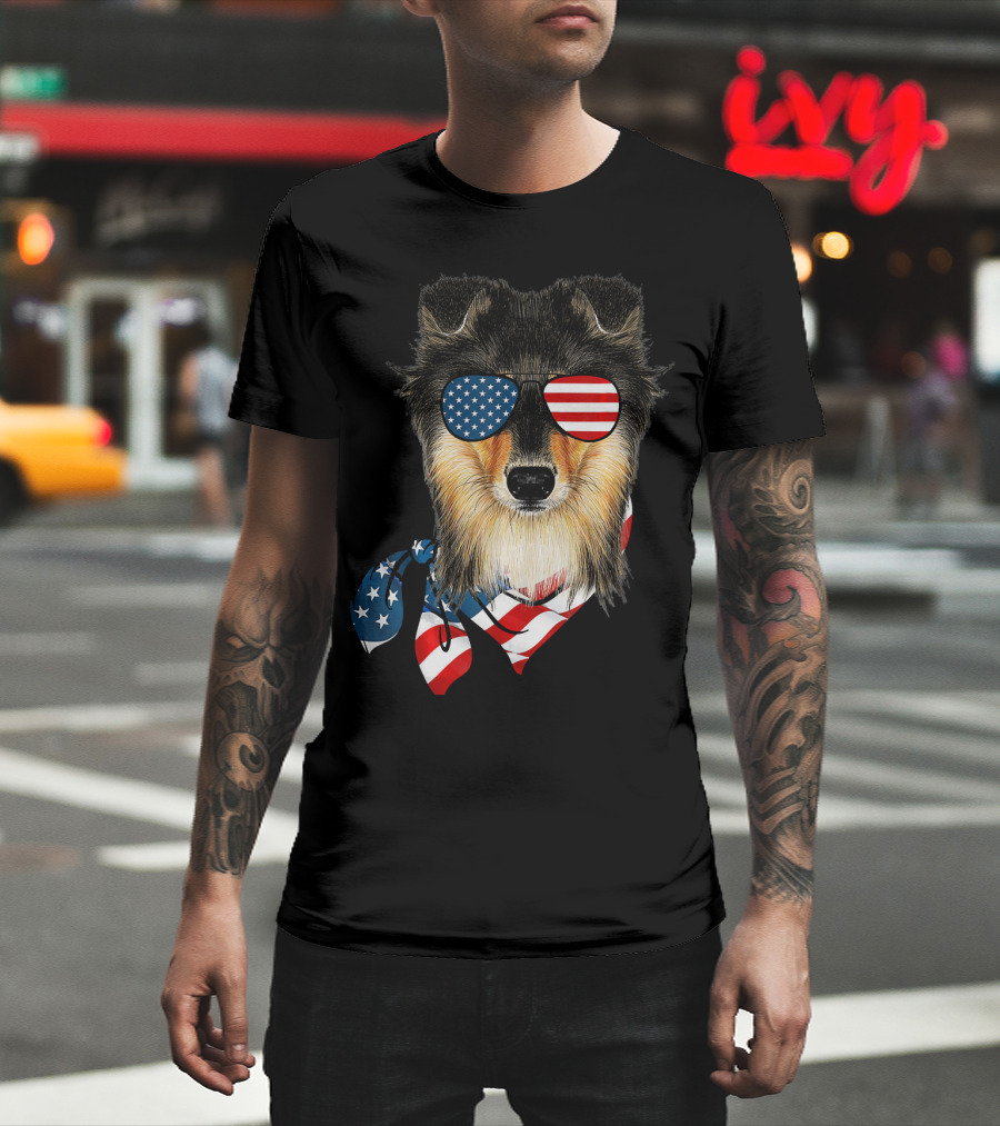 Sheltie Dog With American Flag Sunglasses And Bandana Patriotic T-Shirt