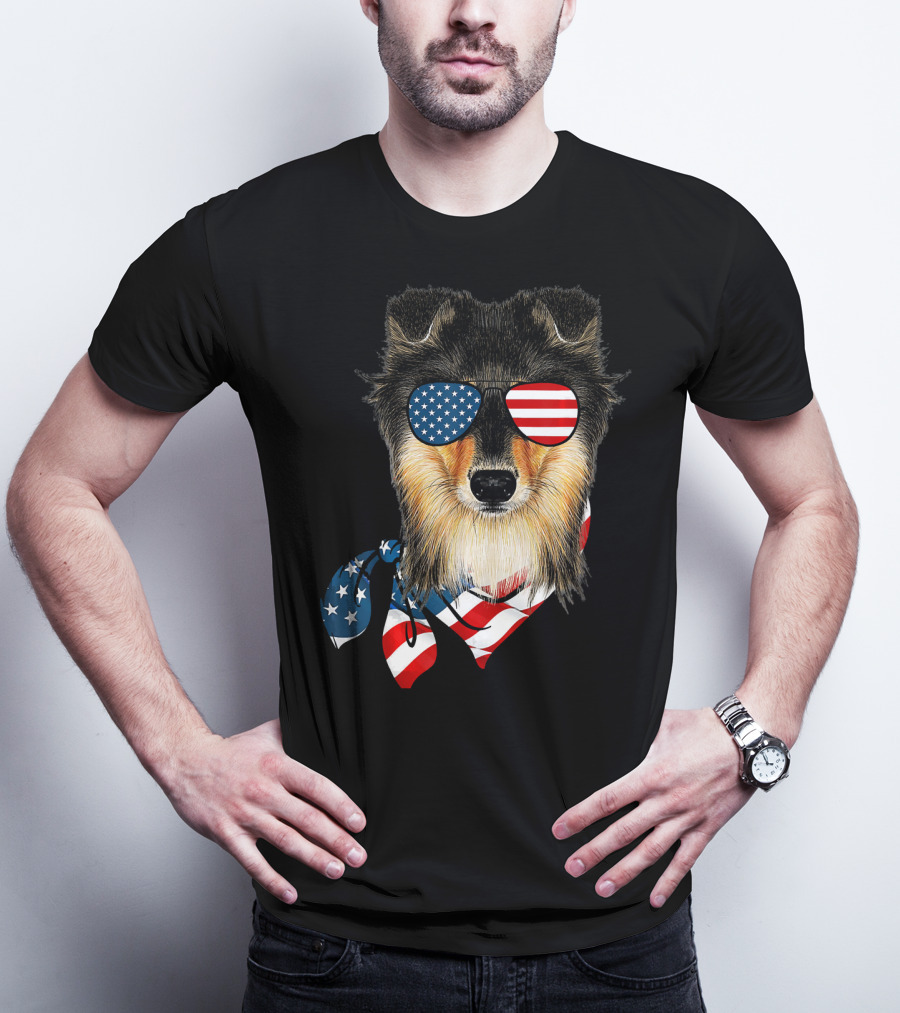 Sheltie Dog With American Flag Sunglasses And Bandana Patriotic T-Shirt