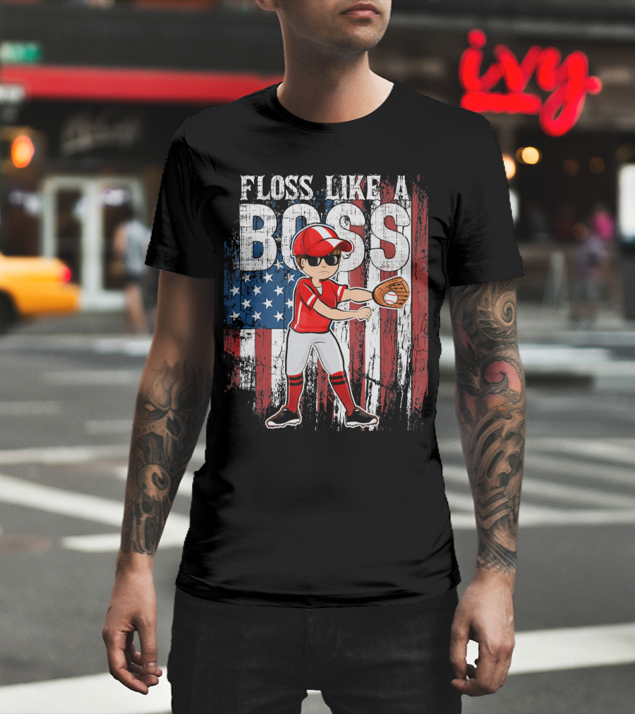 Floss Like A Boss American Baseball Spirit With Flag Background T-Shirt