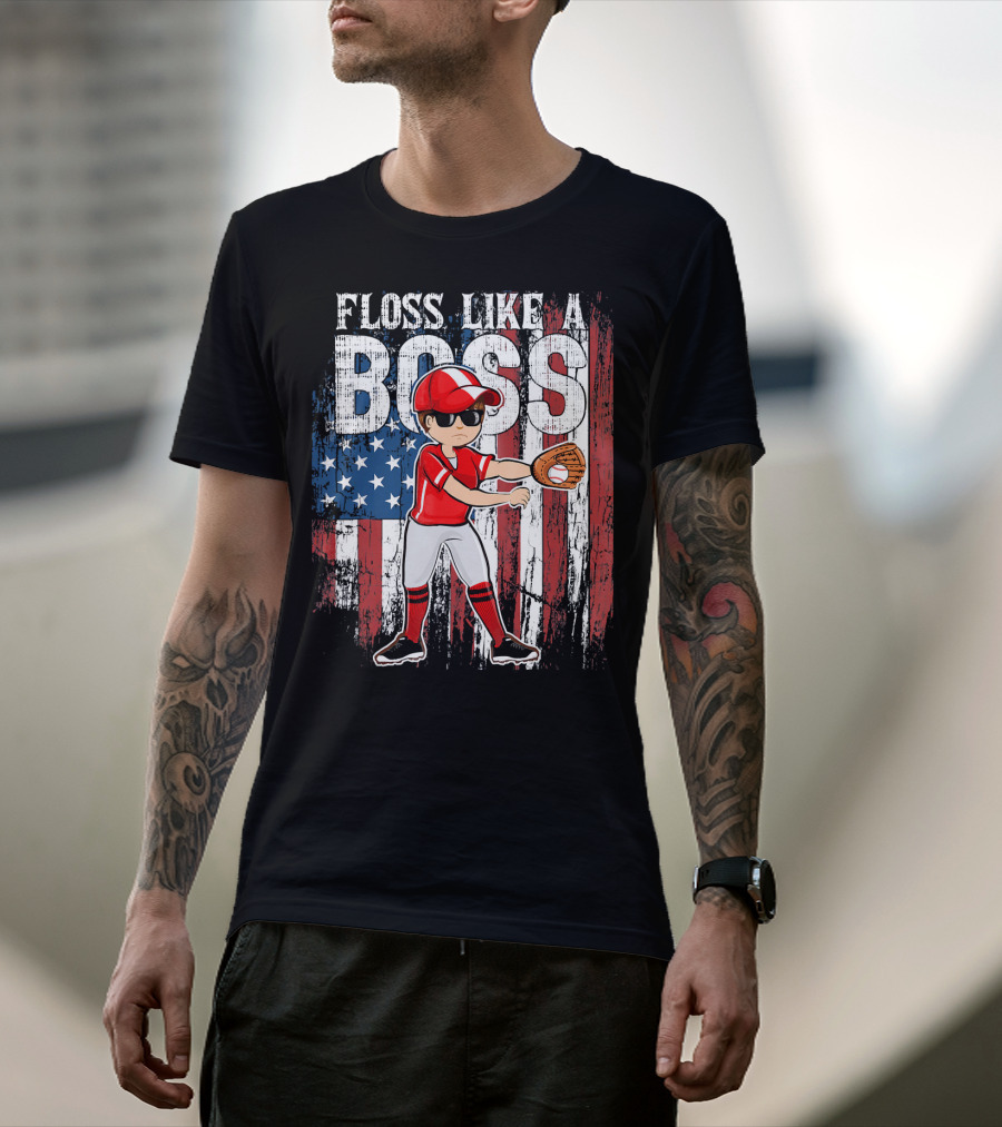 Floss Like A Boss American Baseball Spirit With Flag Background T-Shirt