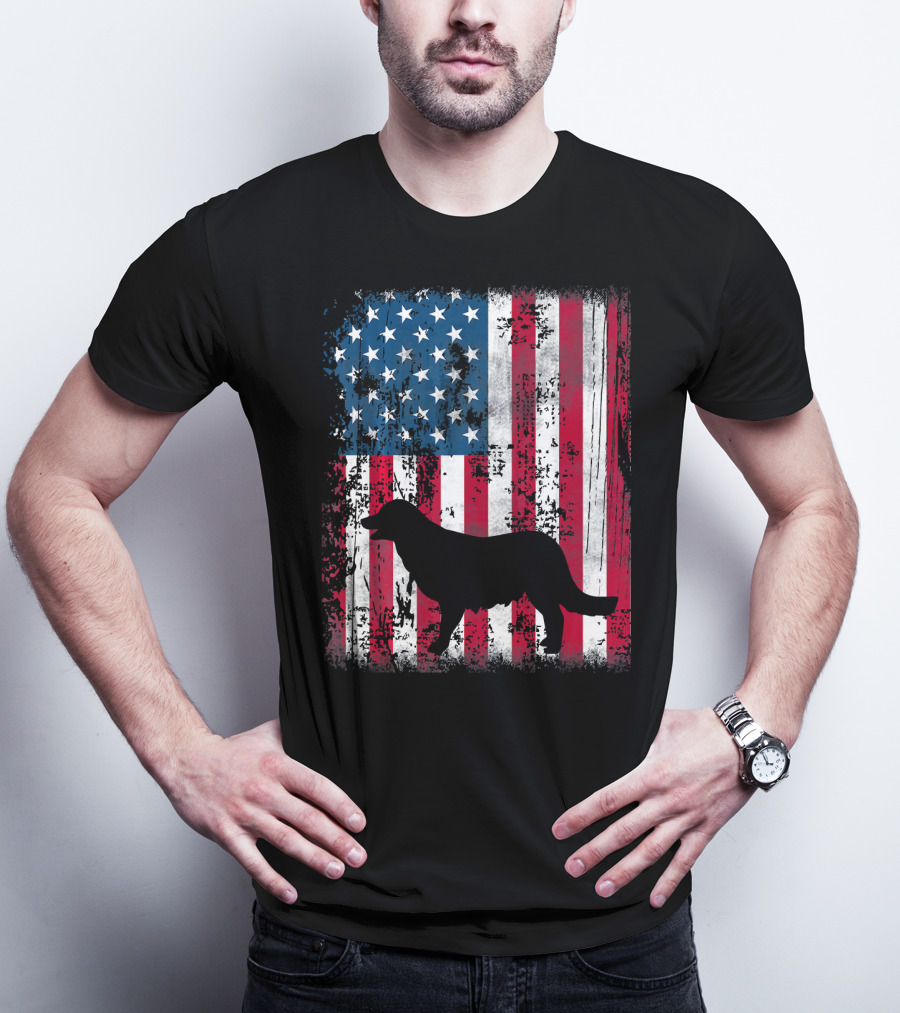 Golden Retriever Silhouette Over American Flag USA T-Shirt