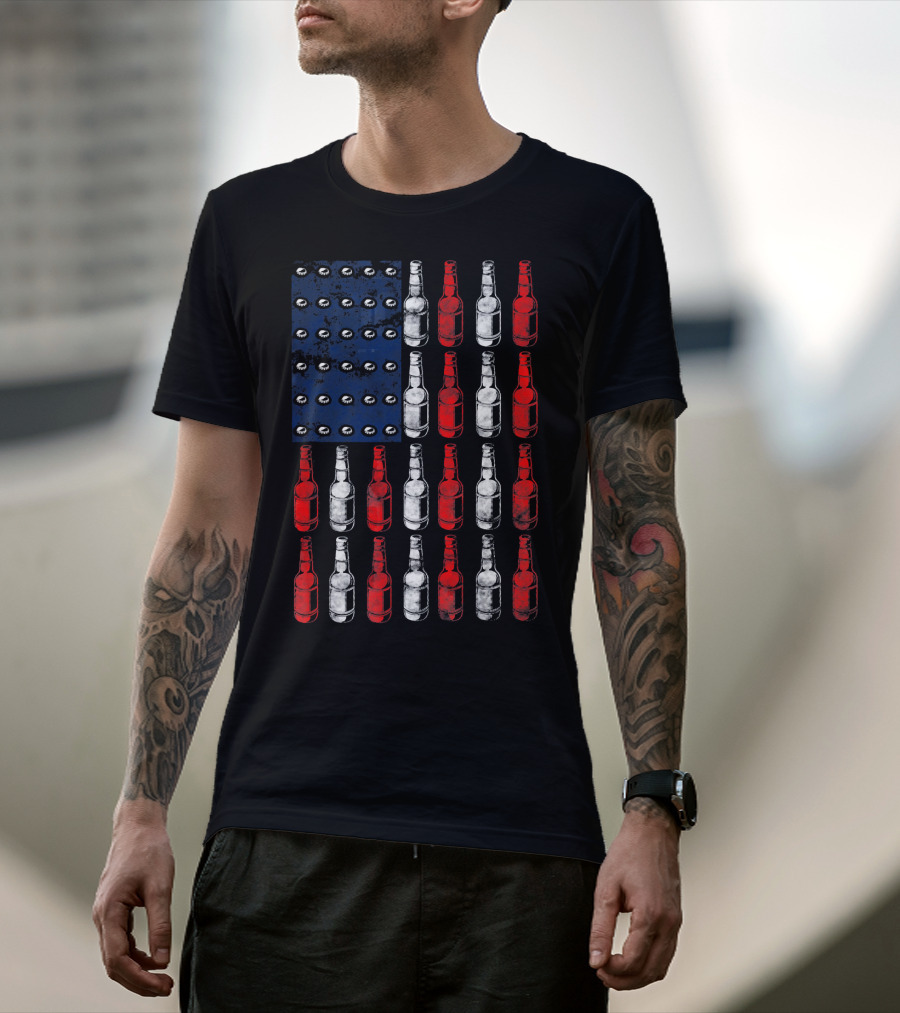 Patriotic American Flag Made Of Beer Bottles In Red White Blue T-Shirt