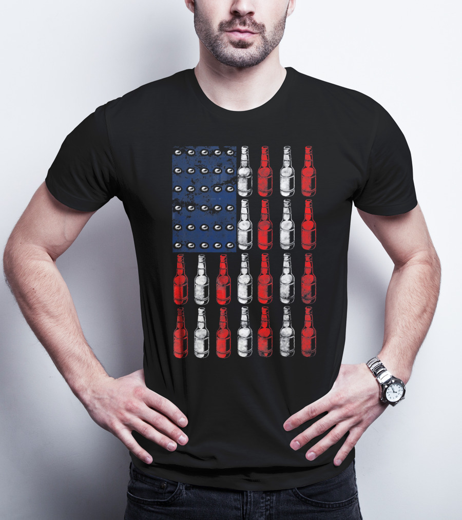 Patriotic American Flag Made Of Beer Bottles In Red White Blue T-Shirt