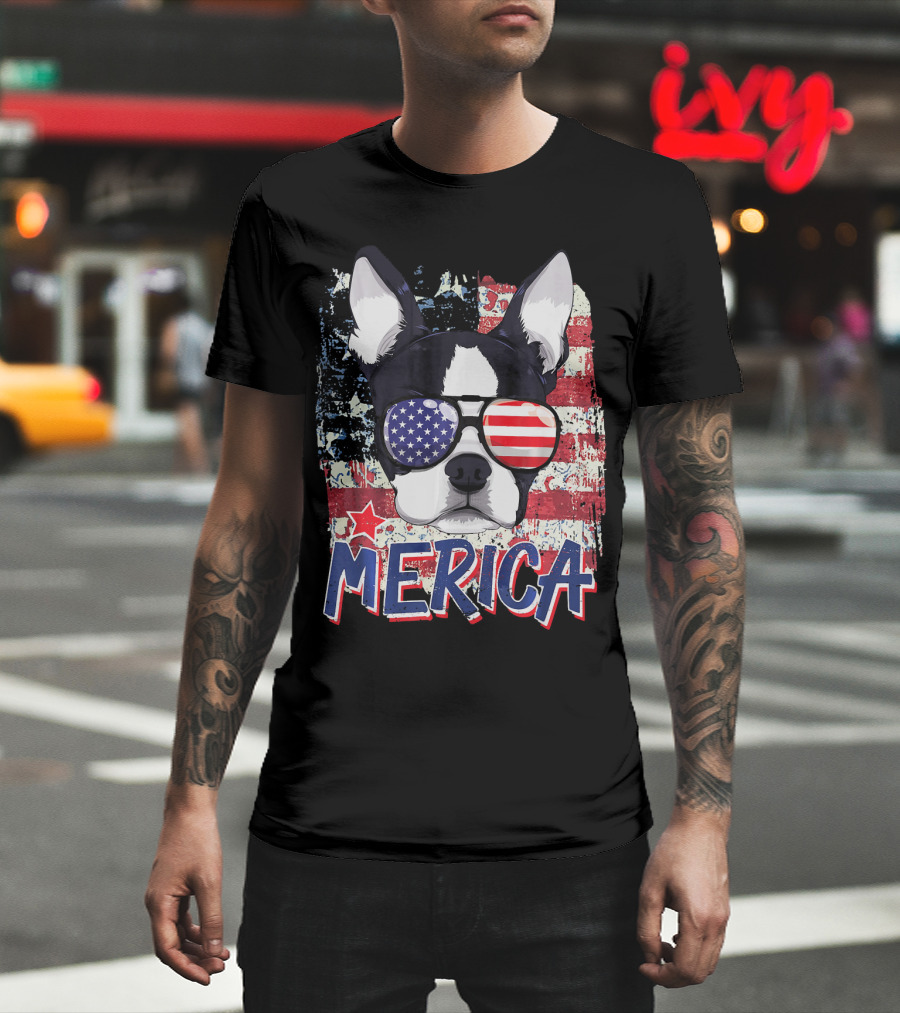 Merica Boston Terrier American Flag Sunglasses T-Shirt