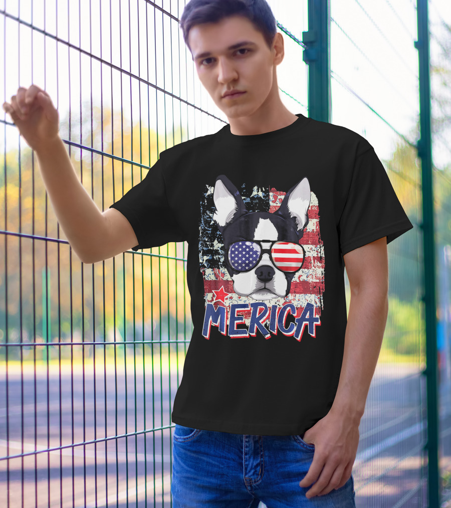 Merica Boston Terrier American Flag Sunglasses T-Shirt