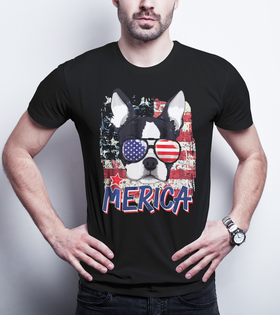Merica Boston Terrier American Flag Sunglasses T-Shirt