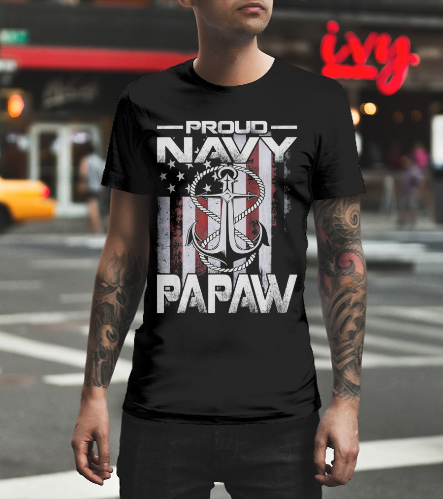 Proud Navy Papaw American Flag Anchor USA T-Shirt