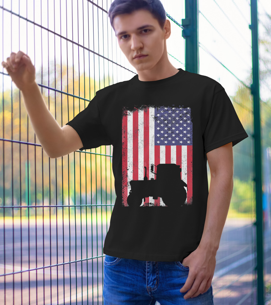 Tractor Silhouette Against Distressed American Flag Patriotic T-Shirt