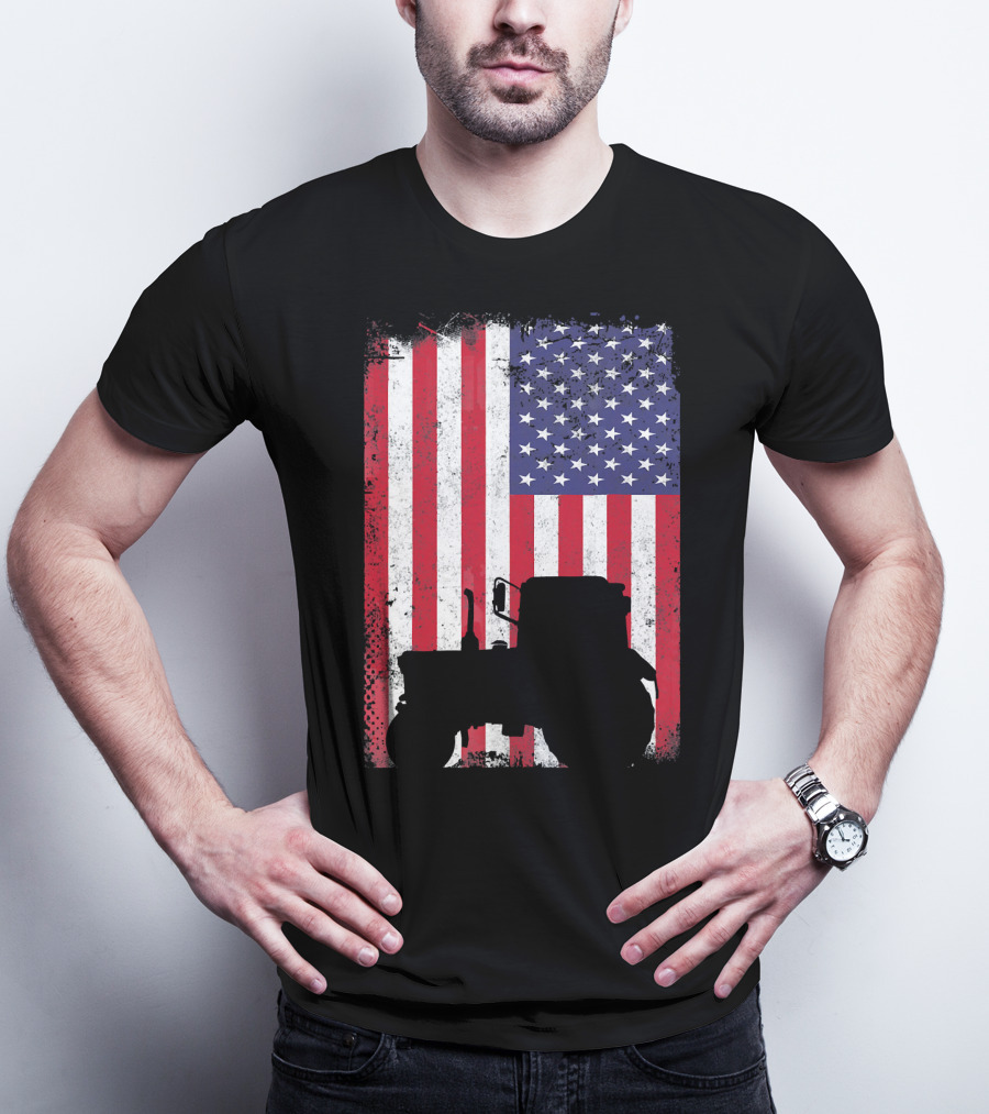 Tractor Silhouette Against Distressed American Flag Patriotic T-Shirt