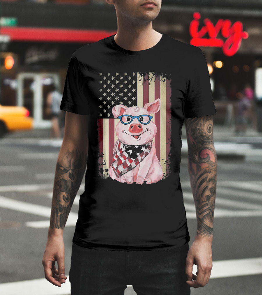 American Flag Pig With Glasses And Bandana T-Shirt